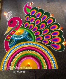 50 Admirable Peacock Rangoli designs that you can try - Wedandbeyond