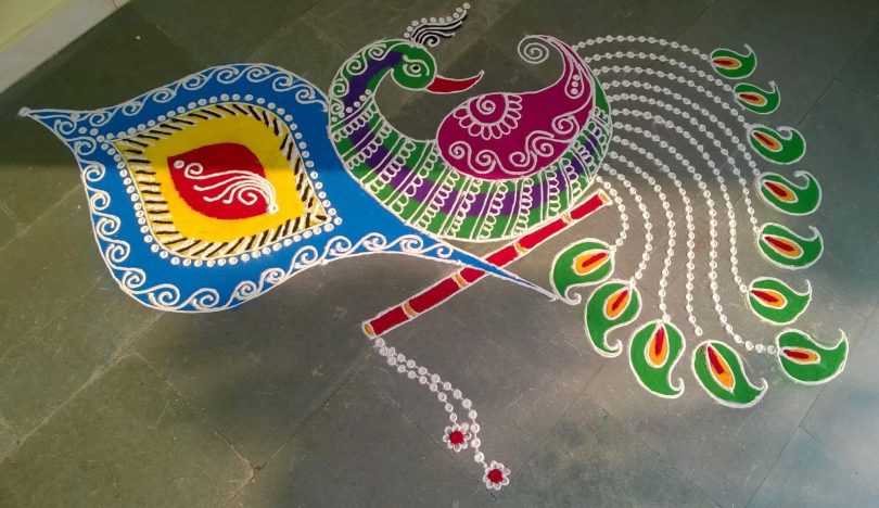 50 Admirable Peacock Rangoli designs that you can try - Wedandbeyond